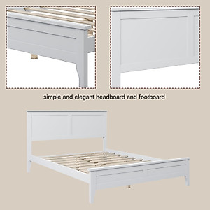 AOCOROE Solid Wood Full Bed Frame, Wooden Full Bed, Full Platform Bed with Headboard, Foot Board and Slats, No Box Spring Needed, White