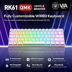 RK ROYAL KLUDGE RK61 Wired 60% Mechanical Gaming Keyboard Programmable QMK/VIA RGB Backlit 61 Keys Ultra-Compact Hot Swappable Red Switch White