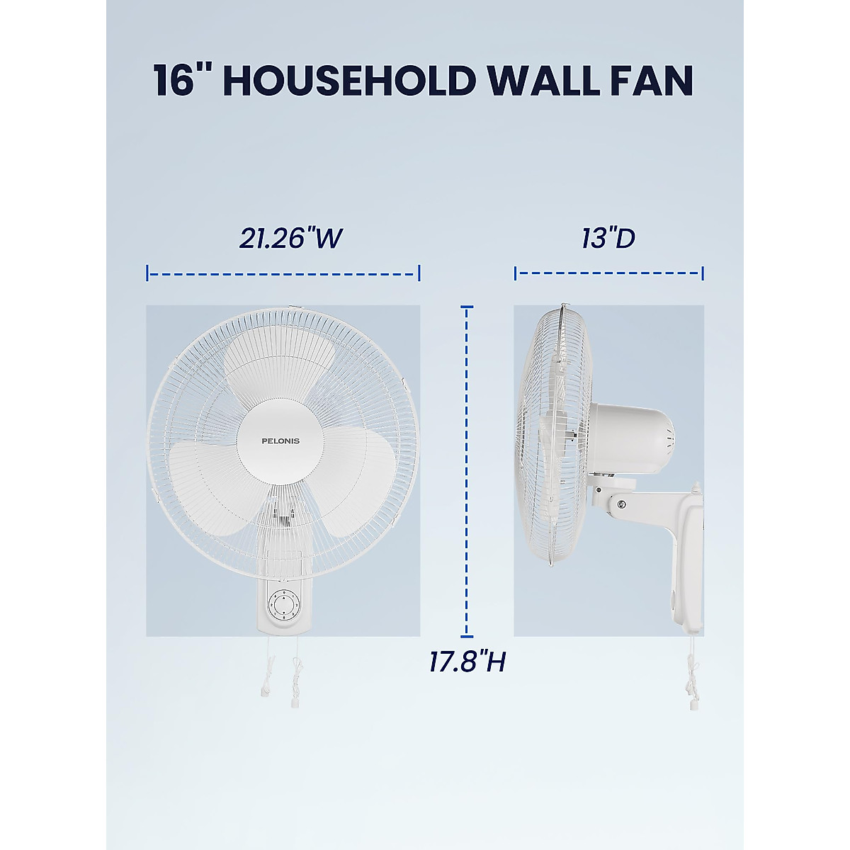 PELONIS 16’’ Wall Mount Fan with 3 Speed Settings Oscillating Household Wall Mounted Fan with Adjustable Tilt High Velocity for Garage Patios Bedroom, 2 Packs White