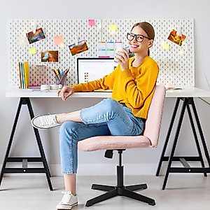 LEMBERI Fabric Padded Desk Chair No Wheels, Armless Wide Swivel Home Office Desk Chair,120° Rocking Mid Back Ergonomic Computer Task Vanity Chair for Office, Home, Make Up,Small Space (Pink)