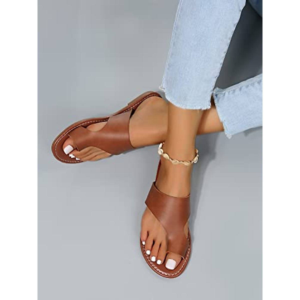 GORGLITTER Open Toe Flat Sandals Single Band Toe Ring Thong Sandals Flip Flops Brown EUR38