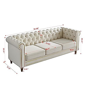 Goohome 84.65" Chesterfield Sofa, 3-Seater Velvet Deep Button Tufted Sofá Upholstered Love Seat Couches with Rolled Arm, Gold Strip Trim, for Bedroom Office Apartment Living Room Furniture, Beige