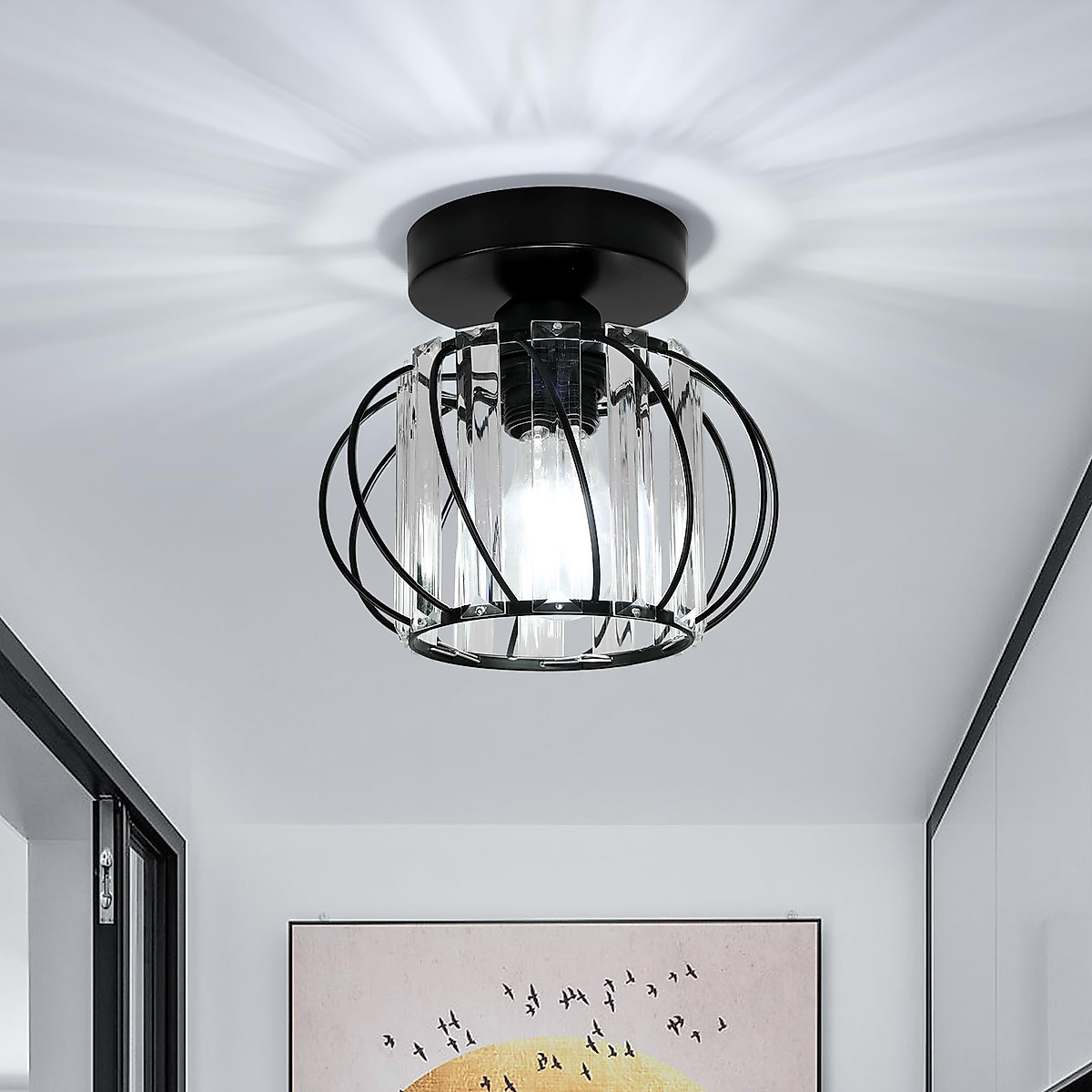 DELIPOP Semi Flush Mount Ceiling Light, Dimmable Small Metal Cage Hallway Light Fixtures Ceiling Lamps, Farmhouse Ceiling Light Fixture, Industrial Crystal Chandelier for Corridor Bathroom Kitchen