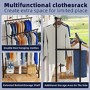 Ekisemio Double Rod Garment Rack for Hanging Clothes, Clothing Rack with Storage Shelves, Metal Multi-Functional Clothes Rack for Bedroom, Living Room, Black