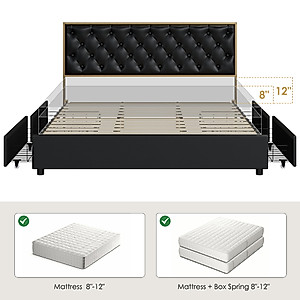 HIFIT King Upholstered Bed Frame with 4 Storage Drawers and Handmade Button Tufted Headboard, Modern PU Leather King Platform Storage Bed with Solid Wooden Slats, No Box Spring Needed, Golden & Black