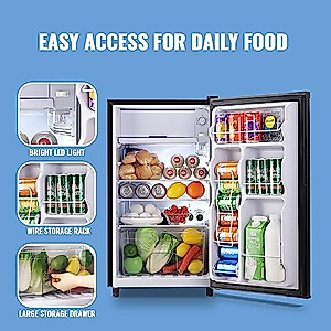 WANAI Single Door Fridge 3.2 Cu.Ft Refrigerator with Freezer, 5 Level Adjustable Thermostat, Fridge for Dorm Office Bedroom LED Light & Removable Glass Shelves, Black