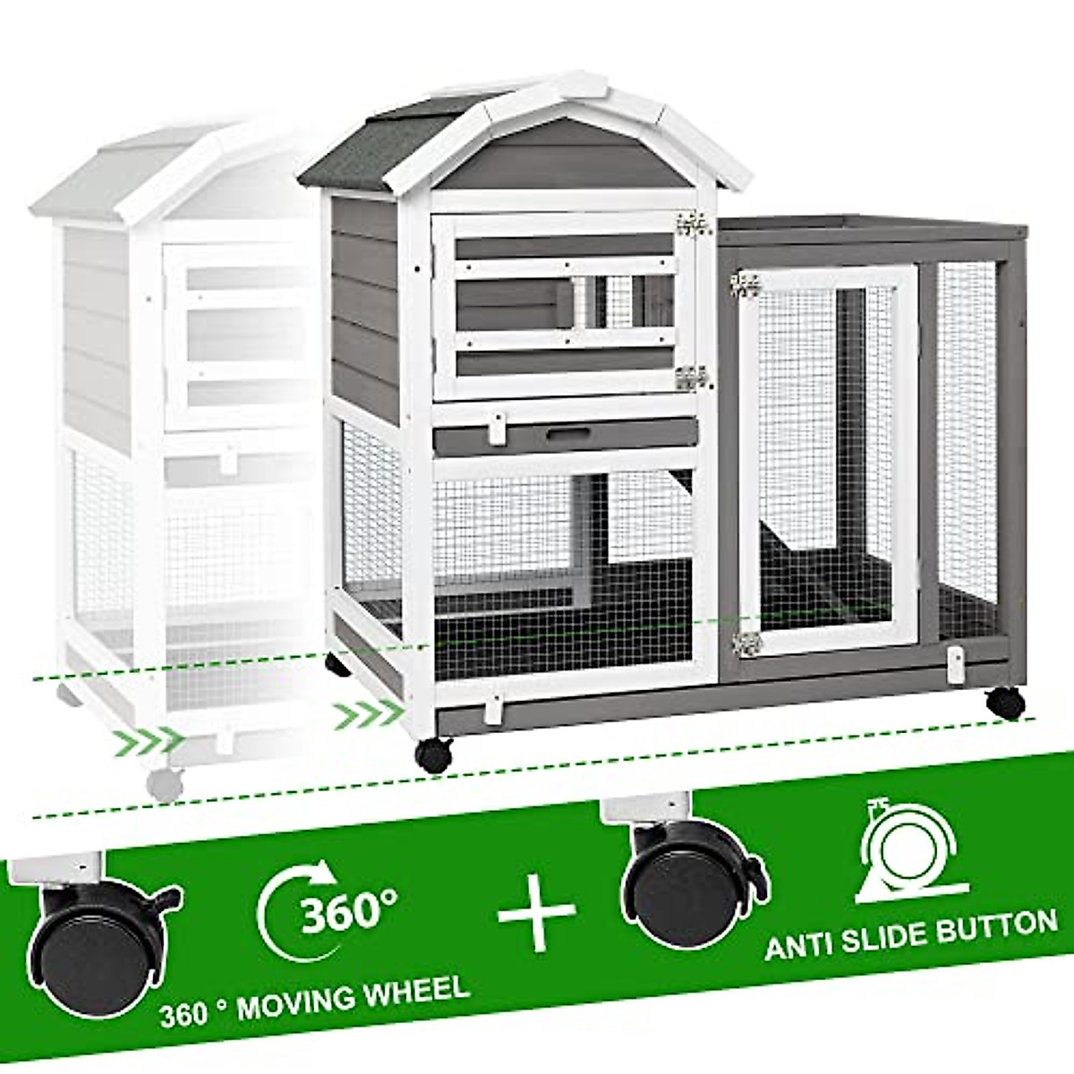 Gowoodhut Rabbit Hutch Two Story Outdoor Bunny Hutch Removable Rabbit Cage with Run Indoor Rabbit House with 2 Deeper No Leak Trays,Asphalt Roof