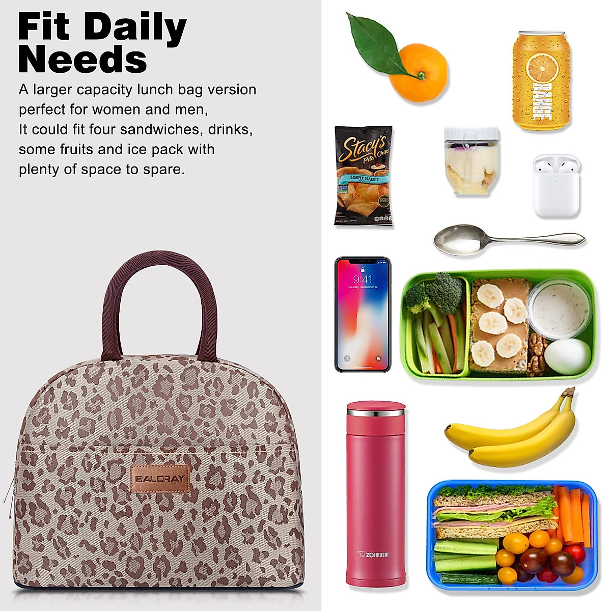 BALORAY Insulated Lunch Bag for Women Men Reusable Lunch Box for Adults, Large Lunch Cooler Tote Bag for Work Office School Picnic (G-197L Brown Leopard)