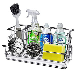 FUMAX Kitchen Sink Caddy Organizer, Sponge Holder for Kitchen Organization, Dish Brush Soap Dispenser Holder with Drain Tray, Rustproof Stainless Steel Kitchen Soap Holder for Countertop