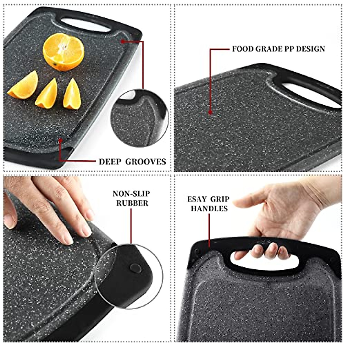 Cutting Board, Lccowot 3PCS Plastic Cutting Boards With Non-Slip Feet and Deep Drip Juice Groove, Easy Grip Handle Chopping Board for Meat, Veggies, Fruits, BPA Free, Dishwasher safe
