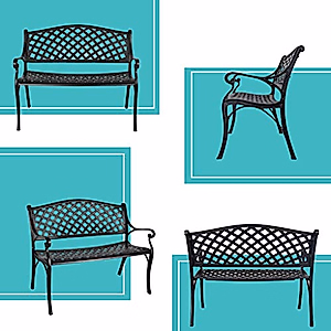 LEISU 41” Outdoor Garden Bench All-Weather Cast Aluminum Porch Loveseat Chair for Patio Park Path Yard Lawn Work Entryway Decor Deck (Black)