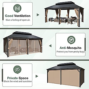 Greesum 12'x20' Hardtop Metal Gazebo, Outdoor Galvanized Steel Double Roof Canopy, Aluminum Frame Permanent Pavilion with Netting and Curtains for Lawns, Patio, Backyard and Deck