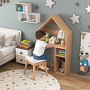 Costzon Kids Table and Chair Set, 2-in-1 House-Shaped Wooden Desk Set & Storage Organizer with Blackboard, Toddler Desk and Chair Set for Drawing, Reading, Gift for Boys Girls (Grey)