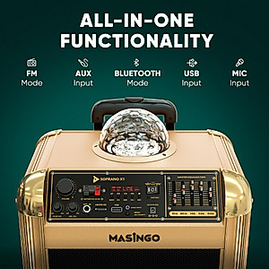 MASINGO Karaoke Machine for Adults and Kids with 2 Bluetooth Wireless Microphones. Portable Singing PA Speaker System with Disco Ball Party Lights, Lyrics Display Tablet Holder & TV Cable. Soprano X1