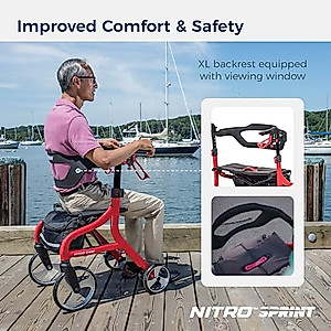 Drive Medical Nitro Sprint Foldable Rollator Walker with Seat, Standard Height Lightweight Rollator with Large Wheels, Folding Rolling Walker, Walker Rollator with Seat, Red