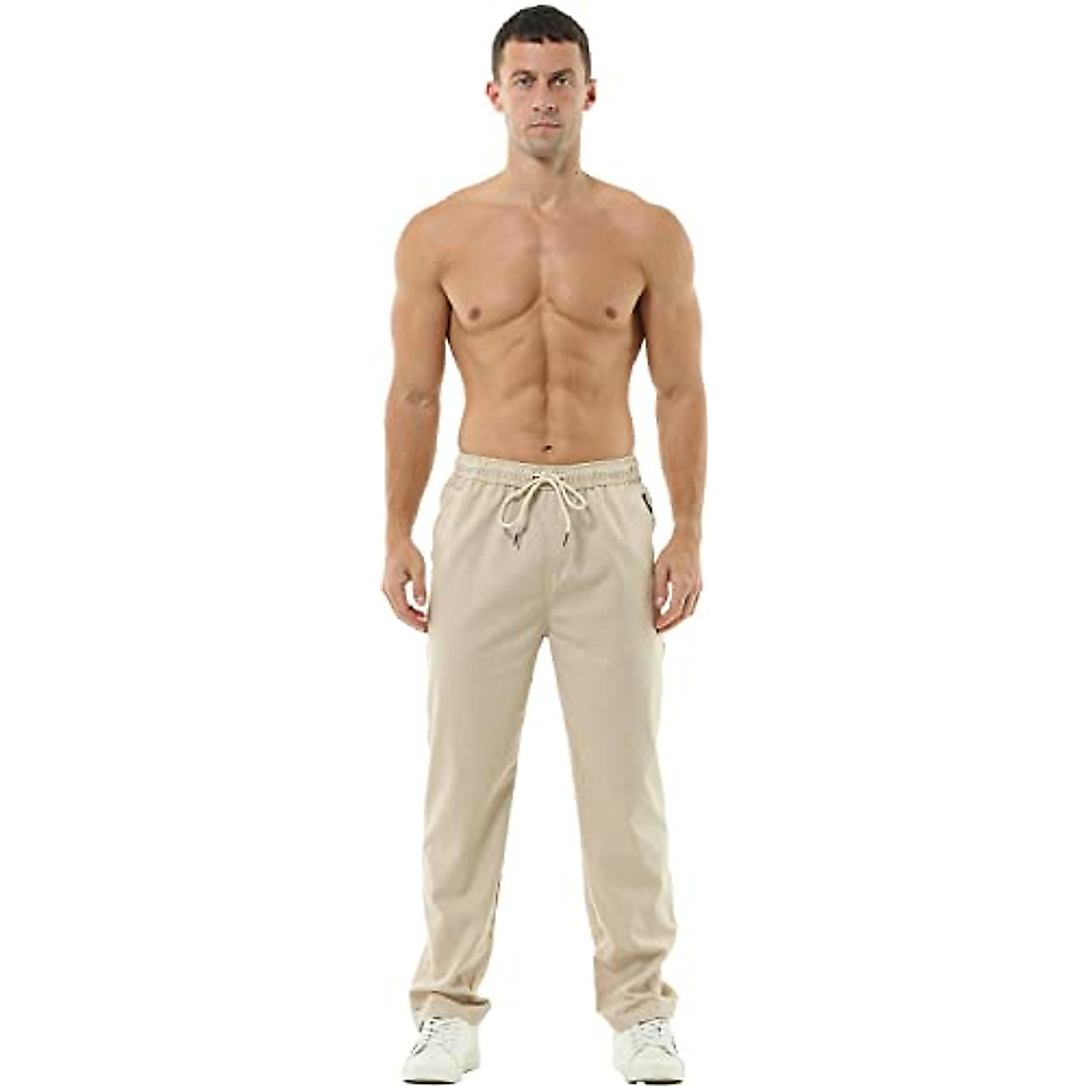 HOEREV Men Casual Beach Trousers Linen Summer Pants, Beige, Large