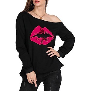 MAGICMK Woman’s Sweatershirt Lips Print Causal Blouse Off The Shoulder Long Sleeve Loose Slouchy Pullover Plus Size Tops…(XXXL)