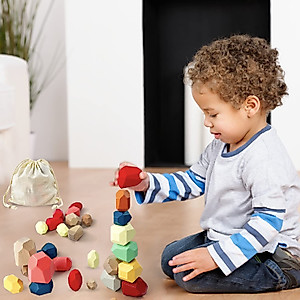 Celarlo 42 Pieces Wooden Sorting Stacking Balancing Stone Rocks Games, Wood Building Blocks Set, Educational Preschool Learning Toys, Lightweight Puzzle Set Gift for Kids