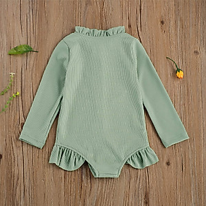 Karuedoo Baby Girls One Piece Swimsuit Zip Rash Guard Swimwear Ruffled Long Sleeve Bathing Suit (C-Lake Green, 18-24M)