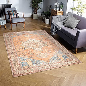 GLN Rugs Traditional Collection - Machine Washable Area Rug, Traditional Washable Rug, Non Slip Washable Rug, Low Pile Chenille Living Room Rug, Bedroom Rug, Kitchen Rug (2'6"x7' Burnt Orange Rug)