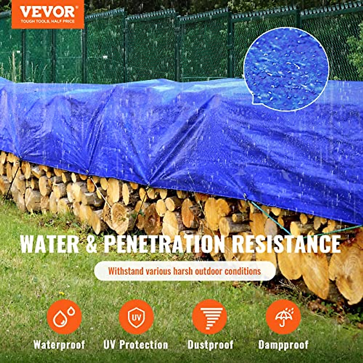 VEVOR Tarp Waterproof 10x12 ft, 5 Mil Plastic Poly Tarp Cover, Multi Purpose Tear UV and Temperature Resistant Outdoor Tarpaulin with Reinforced Grommets and Edges (Blue)