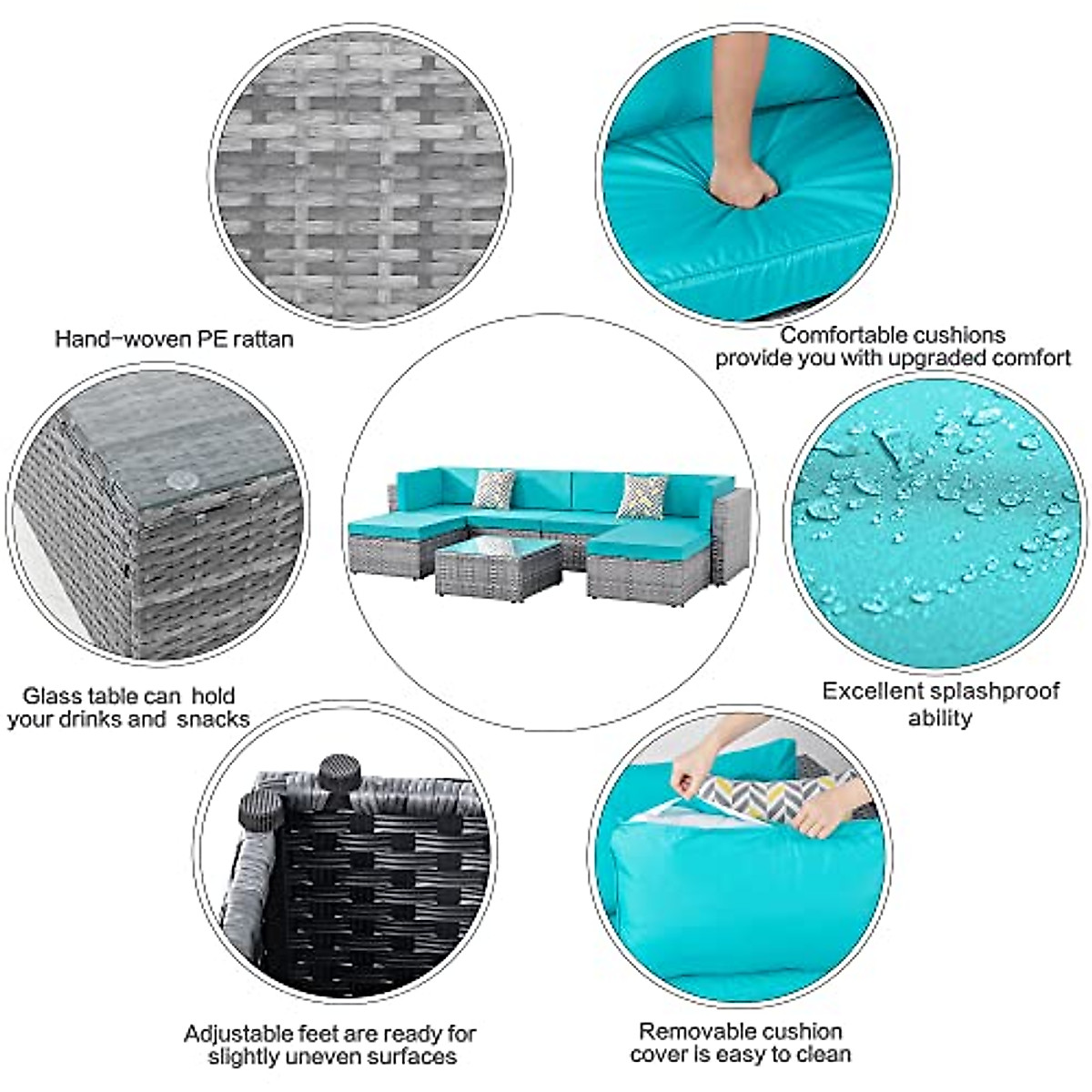 Shintenchi 7 Pieces Ottoman Outdoor Patio Sectional Sofa Couch, Silver Gray PE Wicker Furniture Conversation Sets with Washable Cushions & Glass Coffee Table for Garden, Poolside, Backyard Blue