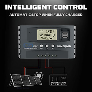 POWERWIN 50A MPPT Solar Charge Controller 12V 24V Solar Panel Battery Intelligent Regulator Dual USB with LCD Display Suitable for LiFePO4 Battery