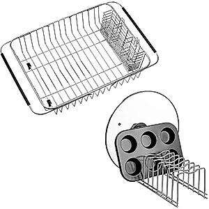 Dish Drying Rack with Stainless Steel Utensil Holder Large Dish Rack Drainer Lid Organizer Plate Drying Rack, Lid Holder Kitchen Pot Lid Rack Holder