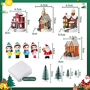 18 Pcs Christmas Village Set Includes 4 LED Lighted Christmas Village Houses 4 Boys Girls Figurines Resin Santa Model 8 Mini Christmas Tree Snow Blanket Roll Winter Xmas Village Collection for Desktop