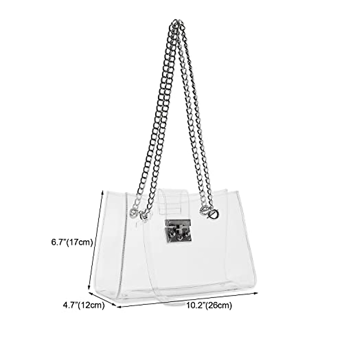 Leanoria Designer Clear Purse Tote Bag with Lock Chain Stadium Approved Clear PVC Plastic Bag Transparent See Through Handbag for Work (Silver)