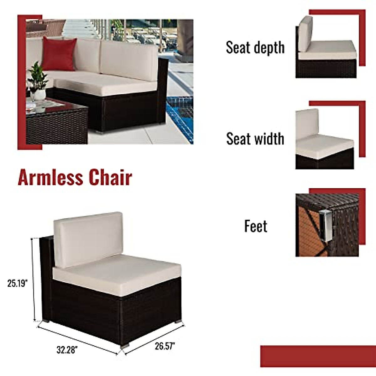 7 Pieces Outdoor Sectional Sofa Set, Brown PE Rattan Wicker Sectional Beige Cushioned Sofa Sets with 2 Red Pillows Patio Conversation Set with Glass Table for Lawn, Backyard, and Poolside