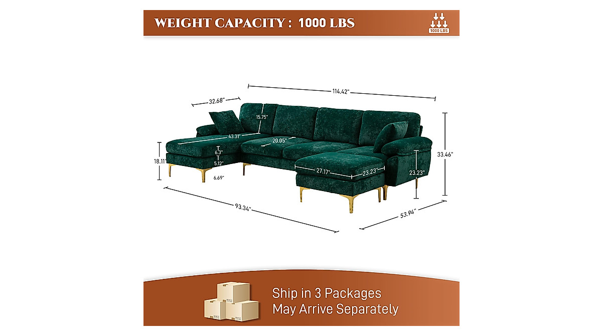 OUYESSIR U-Shaped Velvet Sofa | Convertible & Comfy Living Room