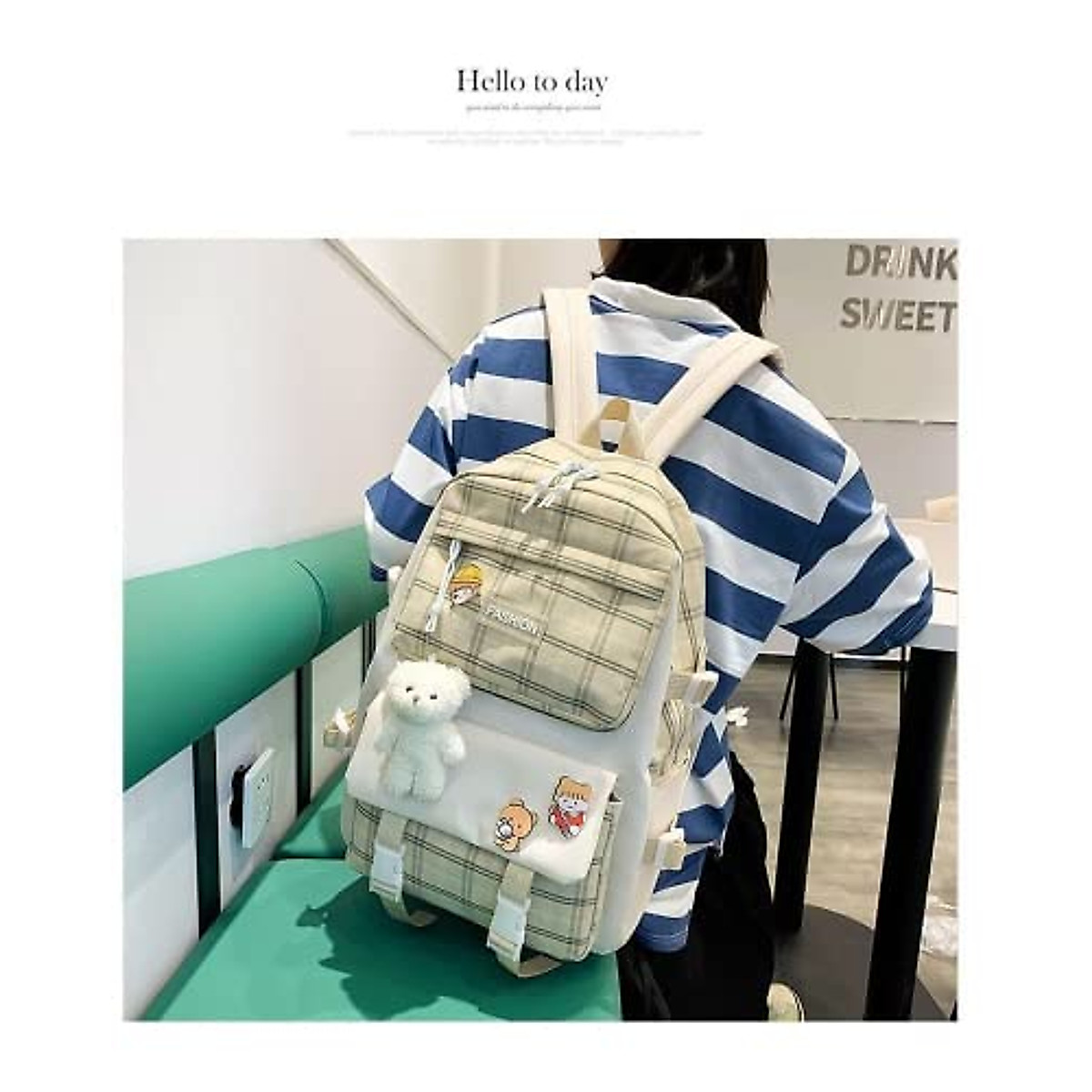 Mordelar 5Pcs Canvas School Backpack Combo Set with Kawaii Bear Pendant Cute Pins Plaid Check Handle Shoulder Tote Bag Schoolbag (Khaki)