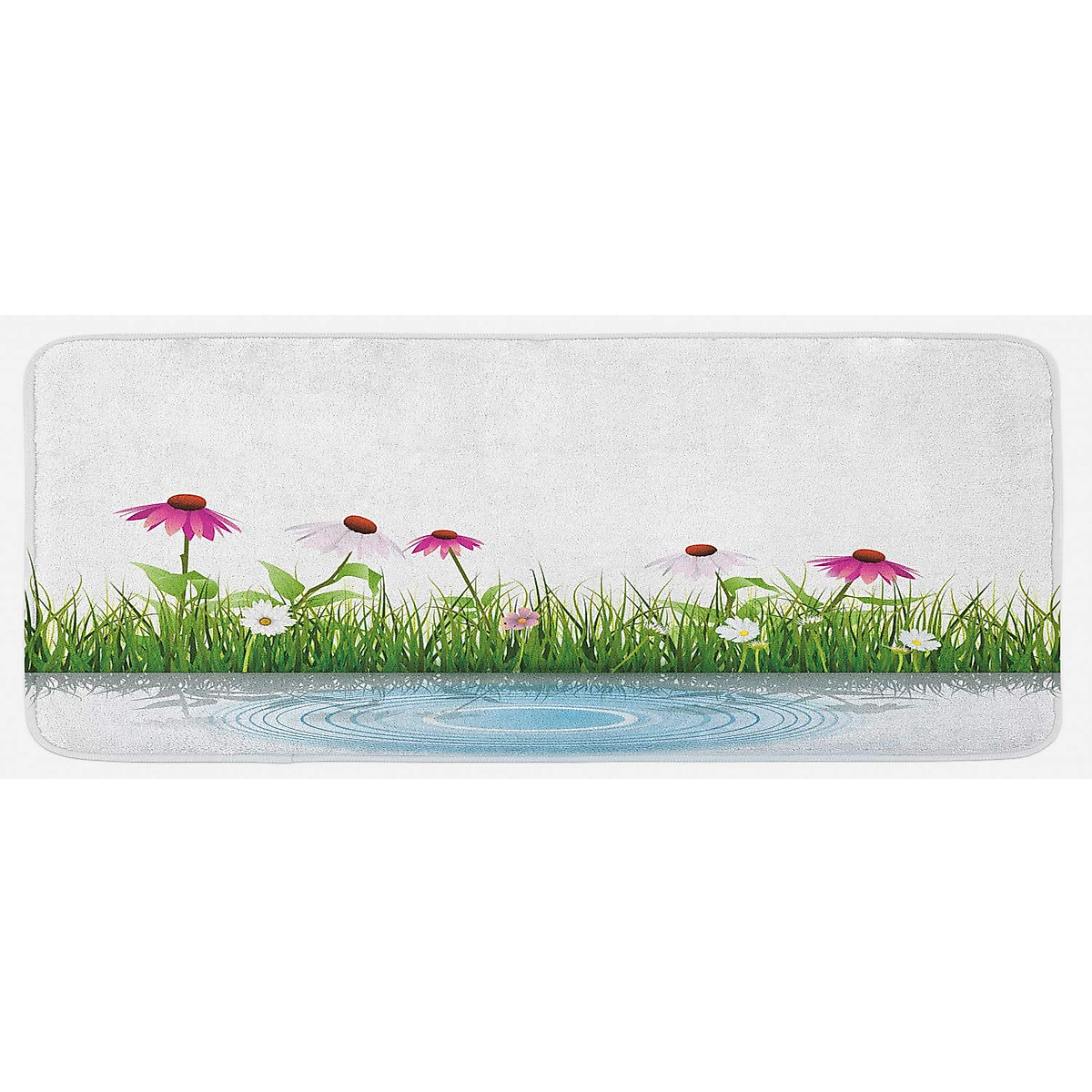 Ambesonne Flower Kitchen Mat, Coneflower by The Lake Water Sea Fall Season Hand Drawn Horizontal Hand Drawn Print, Plush Decorative Kitchen Mat with Non Slip Backing, 47" X 19", Green Magenta