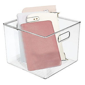 mDesign Small Modern Plastic Storage Organizer Bin Basket with Handles for Home Closet Organization - Shelf, Cubby, Cabinet, and Cupboard Organizing Decor - Ligne Collection - Clear