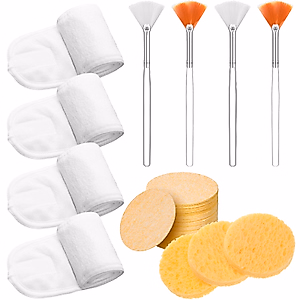 4 Pcs Spa Facial Headband Makeup Head Wrap Adjustable Towel with 30 Pcs Compressed Facial Sponges, 4 Pcs Facial Mask Fan Brushes for Facial Esthetician Supplies (Yellow, White, Orange)