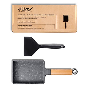 LISOS Tamagoyaki Pan Square Japanese Omelette Pan,Non-stick Egg Roll Pan,Rectangle Frying Pan Wood Handle,with Silicone Brush & Black silicone spatula,Grey