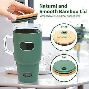 LAOION 32 OZ Glass Tumbler with Handle, Glass Water Bottles with Leakproof Bamboo Lid and Straw, Iced Coffee Cup with Silicone Sleeve and Time Marker, Fits in Cup Holder Spill Proof BPA Free,Sage