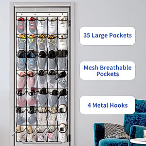 SAVERHO 35 Pockets Over the Door Shoe Organizer, Hanging Shoe Organizer for Door with 35 Mesh Pockets Large Capacity Shoe Hanging Storage Bag with 4 Metal Hooks (White-1Pack)