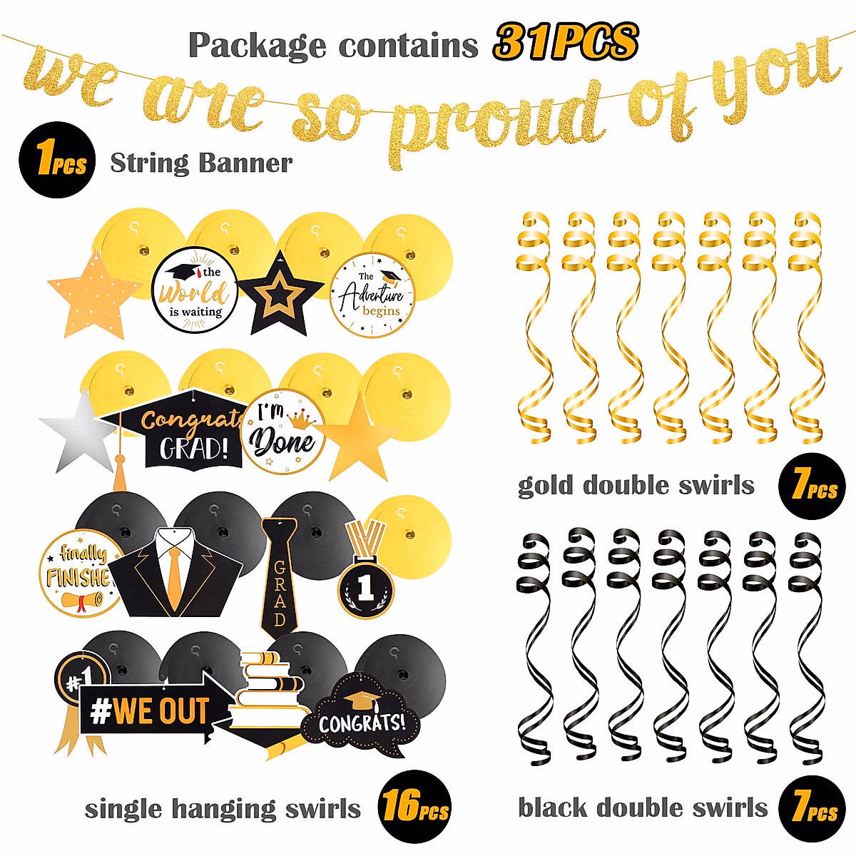 Graduation Party Decorations 2023, 31PCS Graduation Party Supplies Graduation Stuff Hanging Swirls Ceiling Decor And String Graduation Banner for Elementary 8th Grade High School College Black And Gold Class Of 2023 Congrats Decorations Grad Decor (Gradua