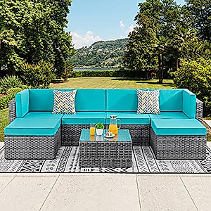 Walsunny 7pcs Patio Outdoor Furniture Sets,Low Back All-Weather Silver Gray Rattan Sectional Sofa with Tea Table&Washable Couch Cushions&Ottoman,Blue
