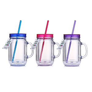 Cupture Double Wall Insulated Plastic Mason Jar Tumbler Mug - 20 oz, 3 Pack
