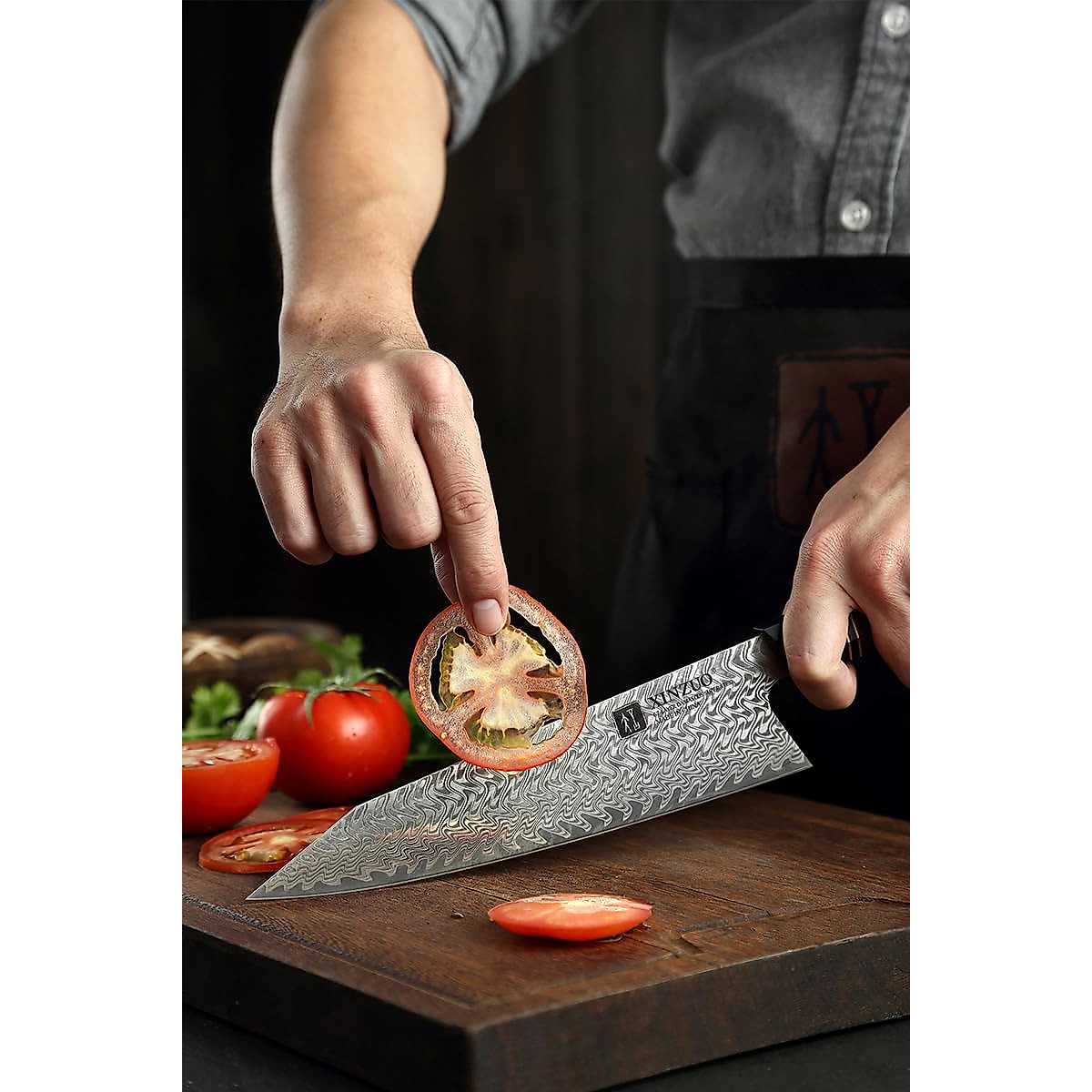 XINZUO 8.5 inch Chef Knife Damascus Steel Hand Forged Kiritsuke Kitchen Knife, Professional Gyuto Knife-Desert Ironwood Handle with Black Walnut Wooden Sheath and Acacia Wooden Box