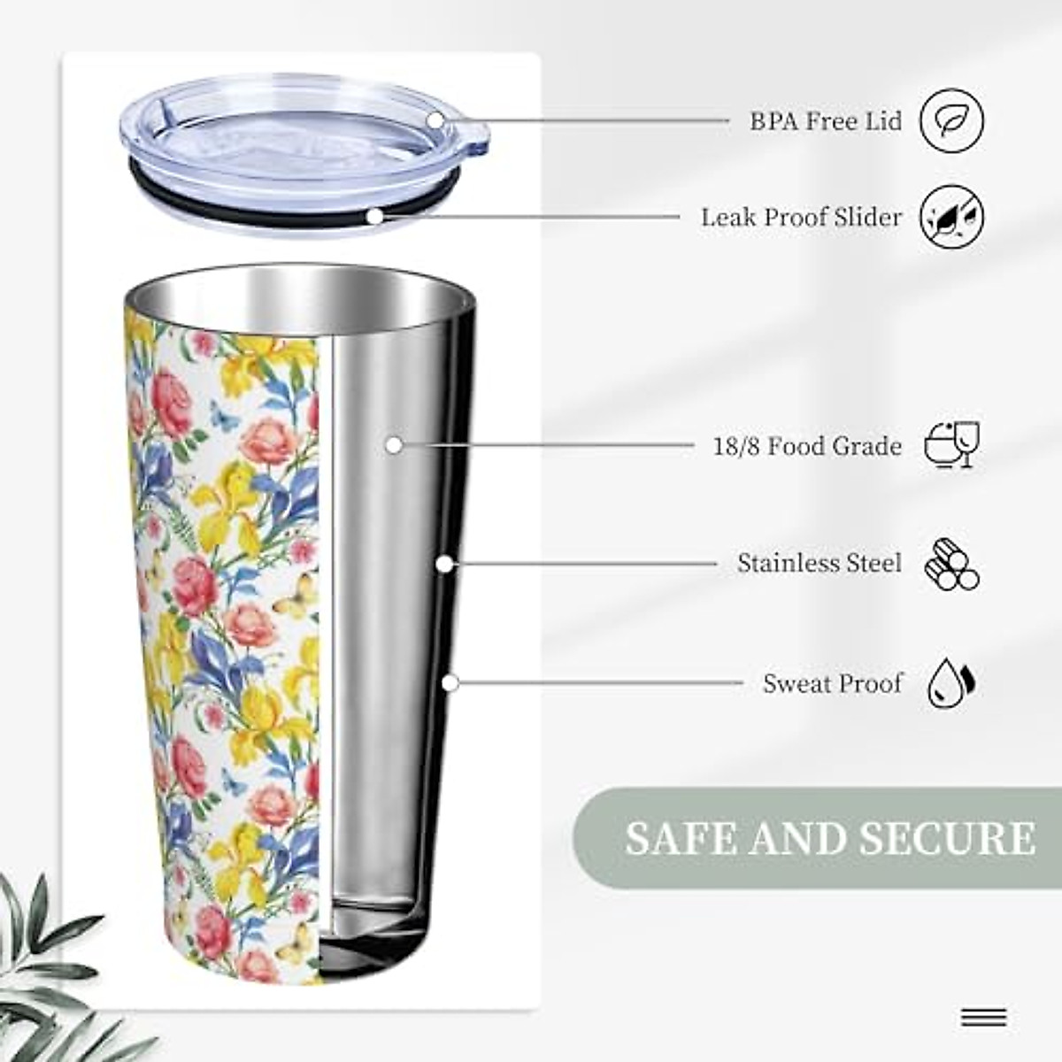 Yaxongx 20oz Tumbler Rose Printing Double Wall Vacuum Insulated Coffee Mug with Lid and Metal Straw Brush Reusable Stainless Steel Water Bottle Travel Cup Gifts for Car Ice Drinks Hot Beverage