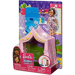 Barbie Skipper Babysitters Inc. Doll Playset Includes Small Toddler Doll, Pink Tent and Cloud-Print Sleeping Bag, Plus Bottle and Teddy Bear, Gift for 3 to 7 Year Olds