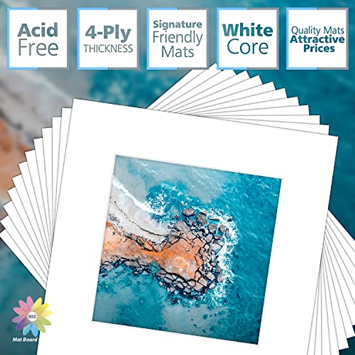 Mat Board Center, 12x12 White Mats for 8x8 Pictures - Acid Free, 4-ply Thickness, White Core, Bevel Cut - for Pictures, Photos, Framing - Pack of 12