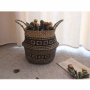 Yesland 3 Pcs Woven Seagrass Belly Basket for Storage, Ideal Cross Pattern Plant Pot, Laundry & Picnic Basket for Home or Outdoor Use - Black (S,M,L)