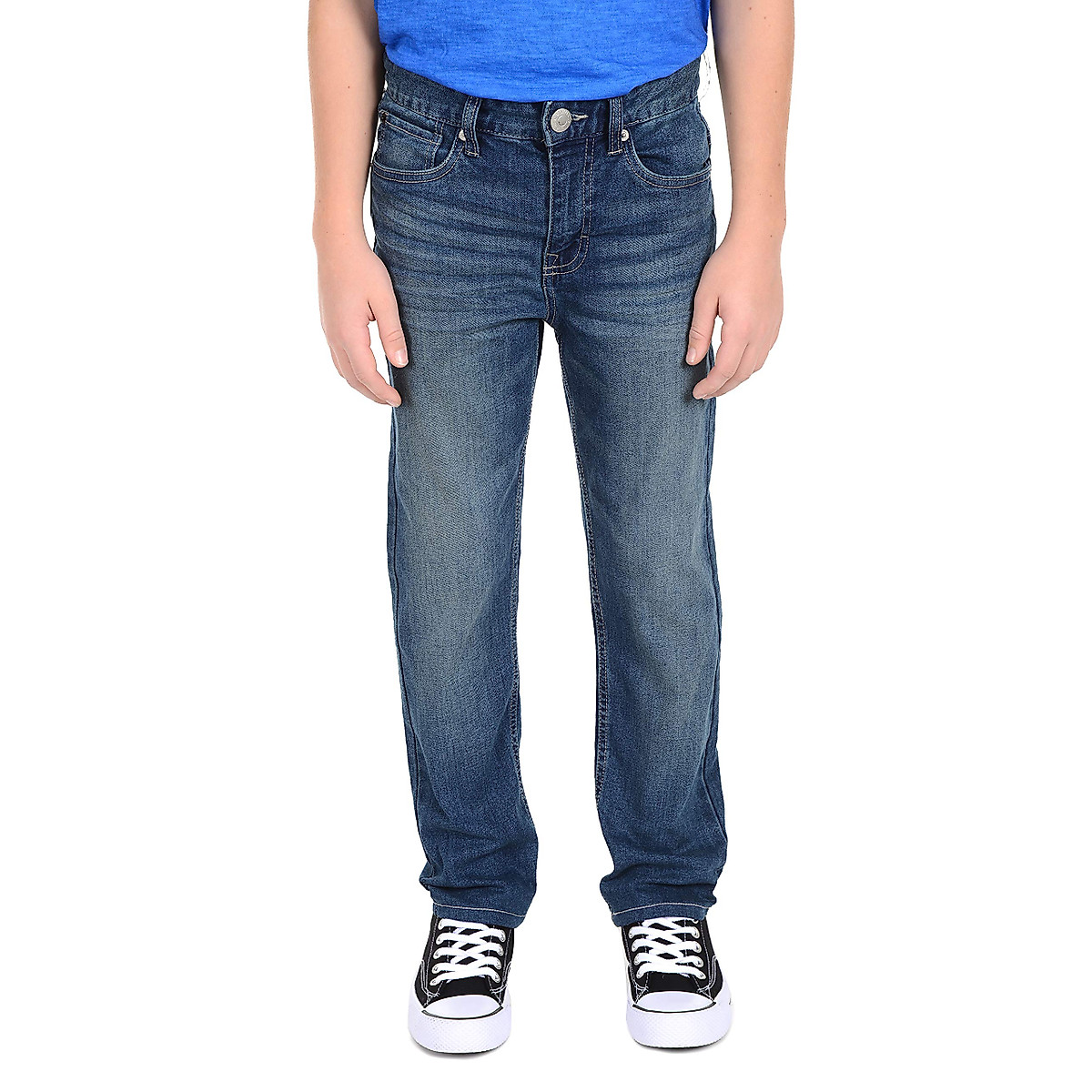 Calvin Klein Boys' Skinny Fit Stretch Denim Jeans, 5-Pocket Style, Zipper Fly & Button Closure, Authentic, 14