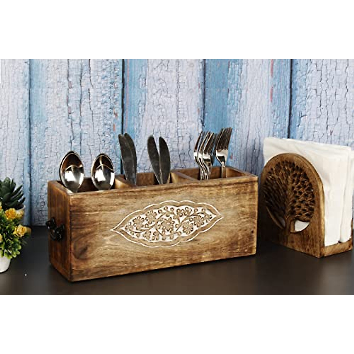 Mother's Day Gifts Hand Carved Wooden Kitchen Utensil Holder With 3 Compartments Wood Utensil Organizer for Cutlery, Napkins, Cups Caddy Organizer | 12 X 4 X 5 Inch