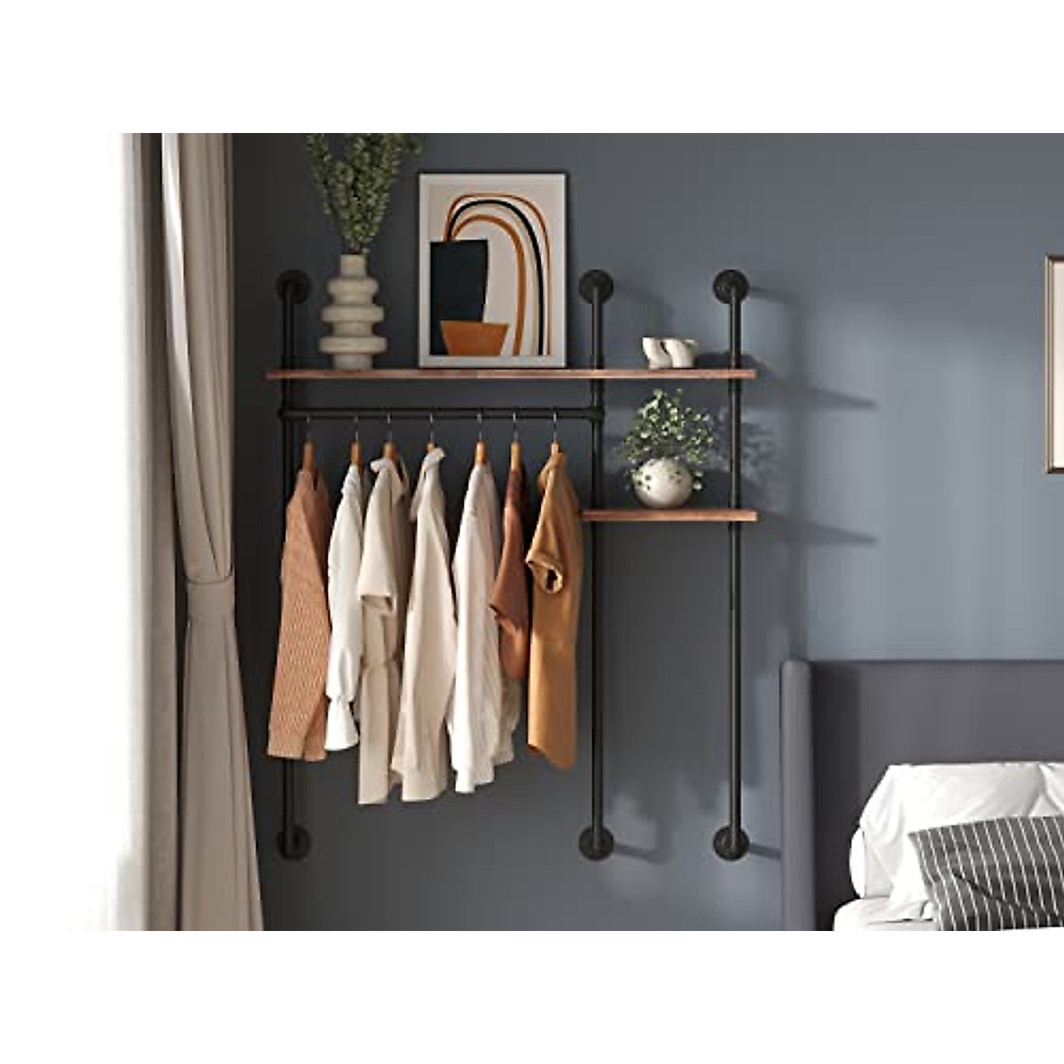 TEDIDUWA 45In Industrial Pipe Clothing Rack,Wall Mounted Clothes Rack with Top Shelves, Pipe Clothing Rack with Shelf, Wall Hangers for Clothes, for Bedroom, Laundry, Living Room, Retail Store